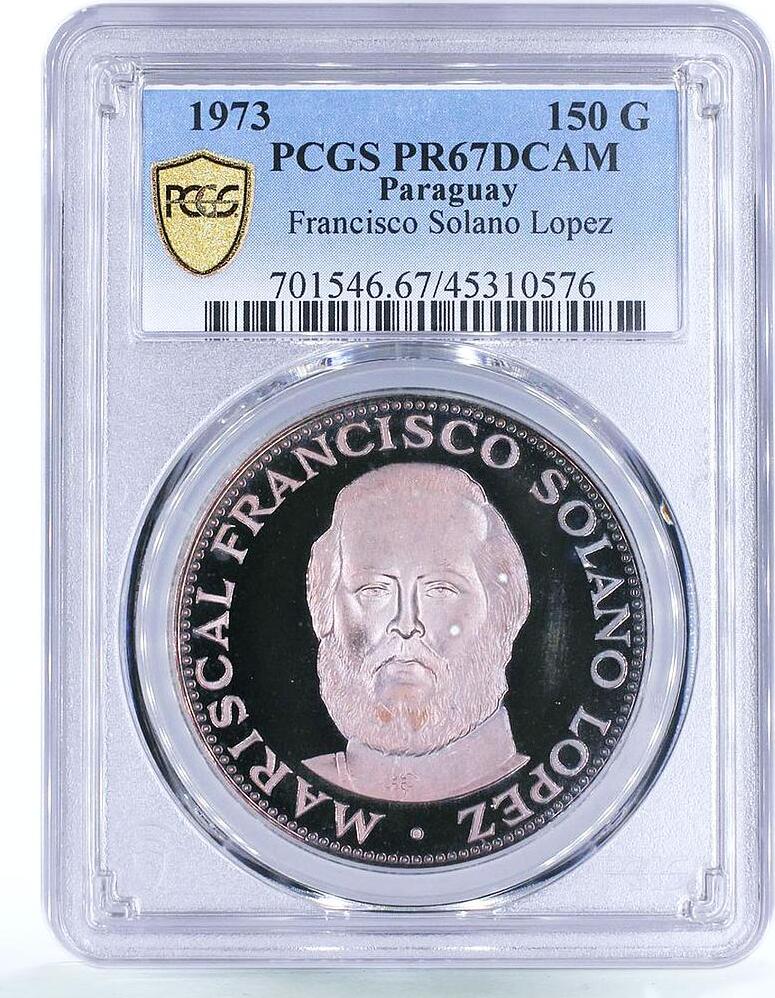Paraguay 150 guaranies Francisco Solano Lopez PR67 PCGS silver coin ...