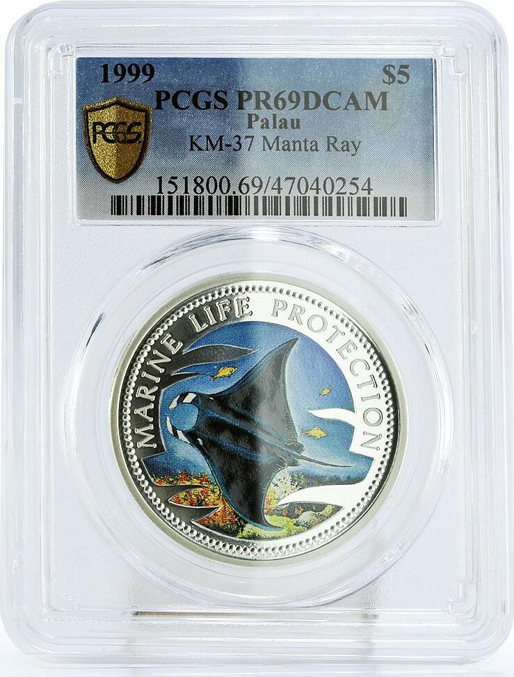 Palau 5 dollars Marine Life Protection Manta Ray Fauna PR69 PCGS Ag ...