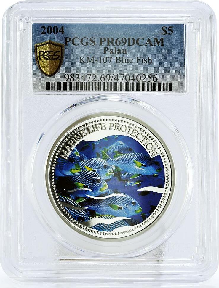 Palau 5 dollars Marine Life Protection Blue Fish Fauna PR69 PCGS Ag ...