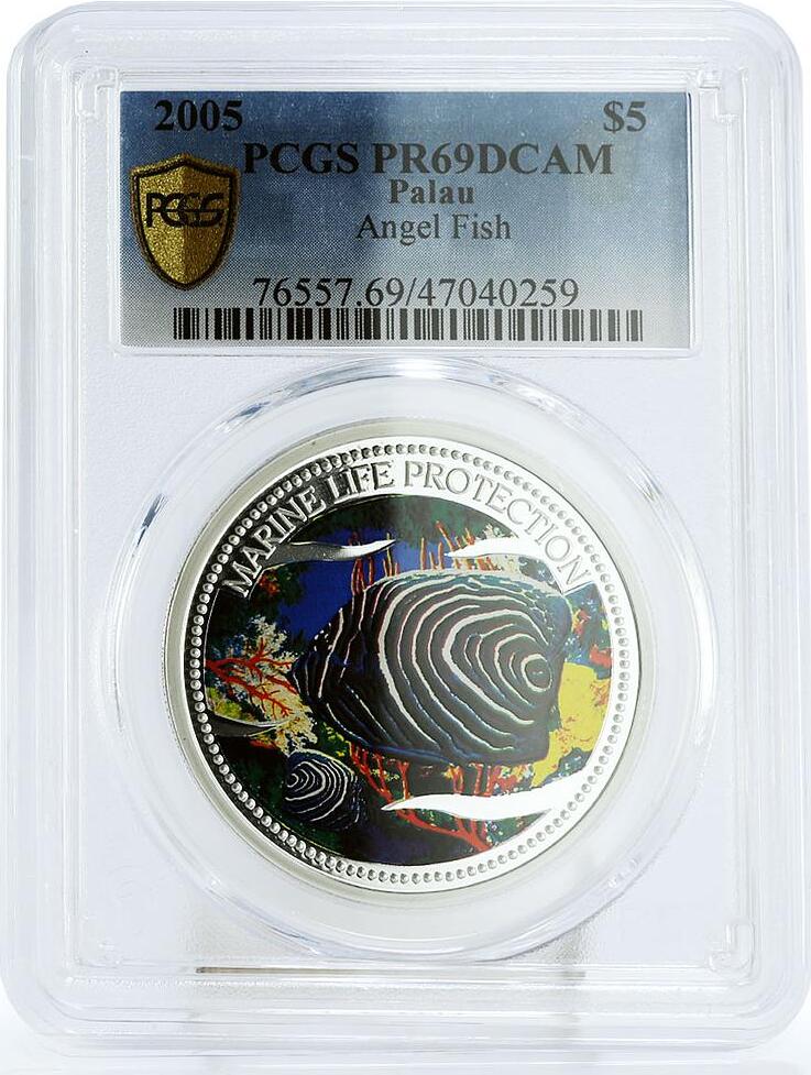 Palau 5 dollars Marine Life Protection Angel Fish Fauna PR69 PCGS Ag ...