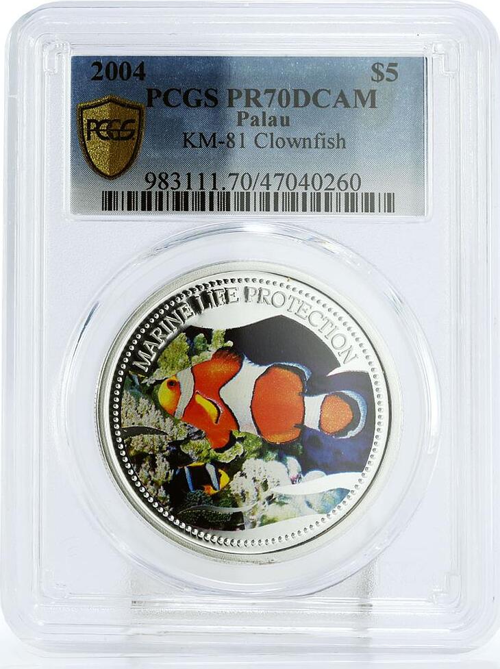 Palau 5 dollars Marine Life Protection Clownfish Fauna PR70 PCGS Ag ...