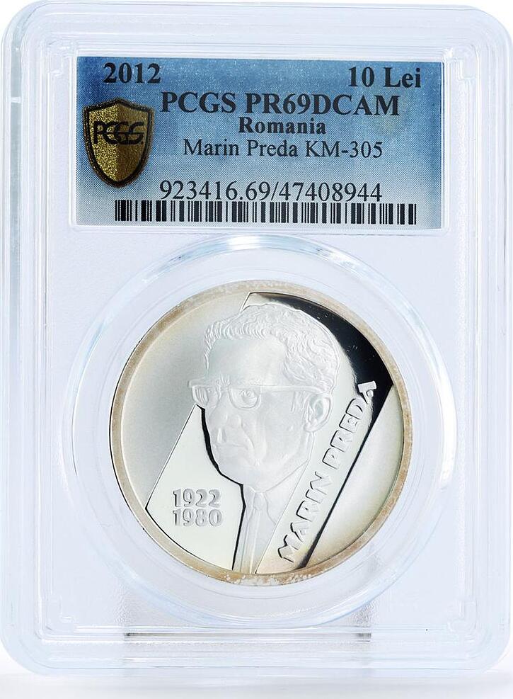 Romania 10 lei Novelist Writer Marin Preda Literature PR69 PCGS silver ...