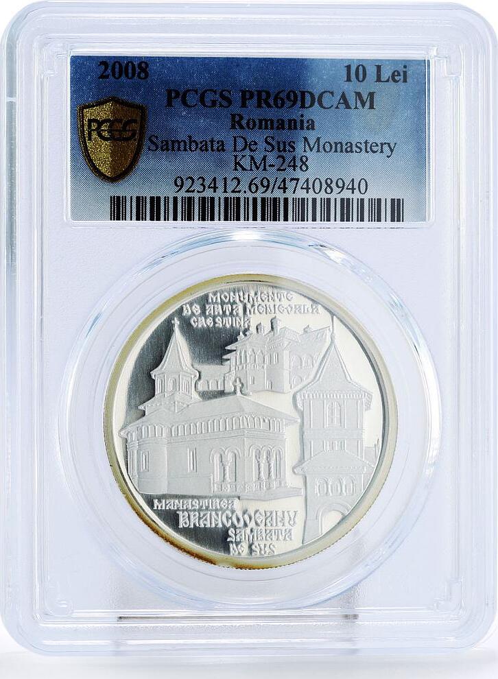 Romania 10 lei Sambata Sus Monastery Church Architecture PR69 PCGS Ag coin 2008 Proof | MA-Shops