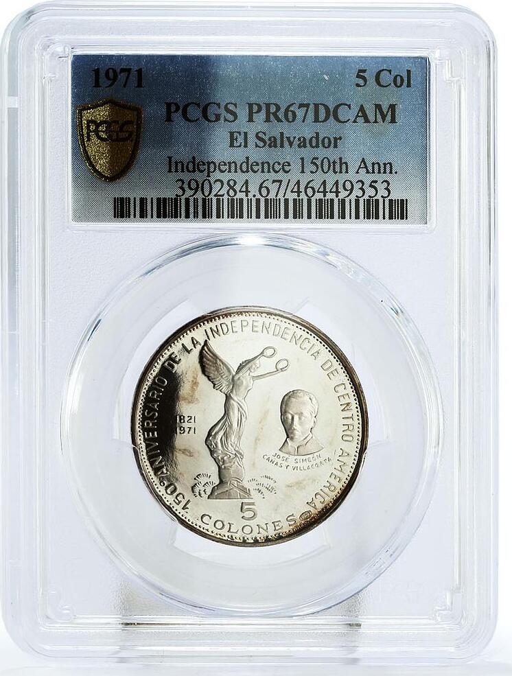 El Salvador Salvador 5 colones 150 Years Independence Jose Simeon PR67 ...