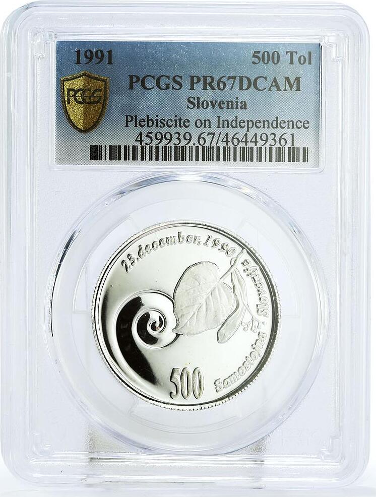 Slovenia 500 tolarjev 1st Independence Plebiscite Leaf PR67 PCGS Ag coin 1991 Proof | MA-Shops
