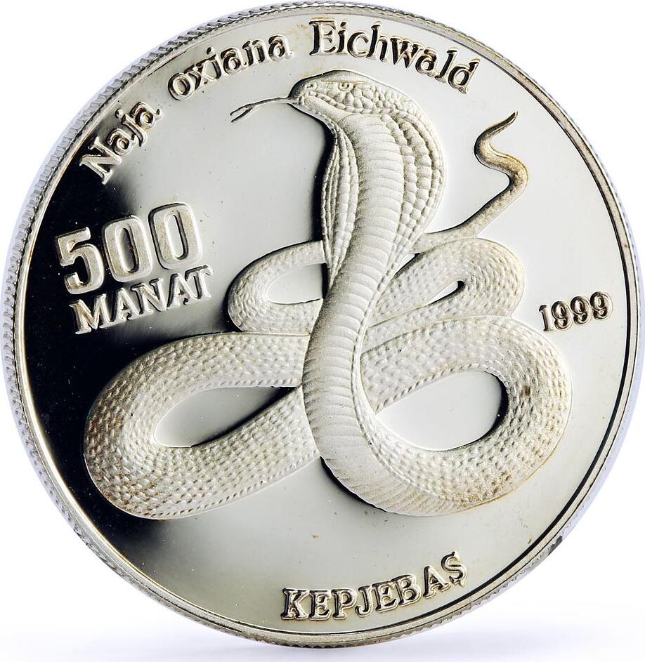 Turkmenistan 500 manat Red Book Wildlife Cobra Snake Fauna silver coin ...