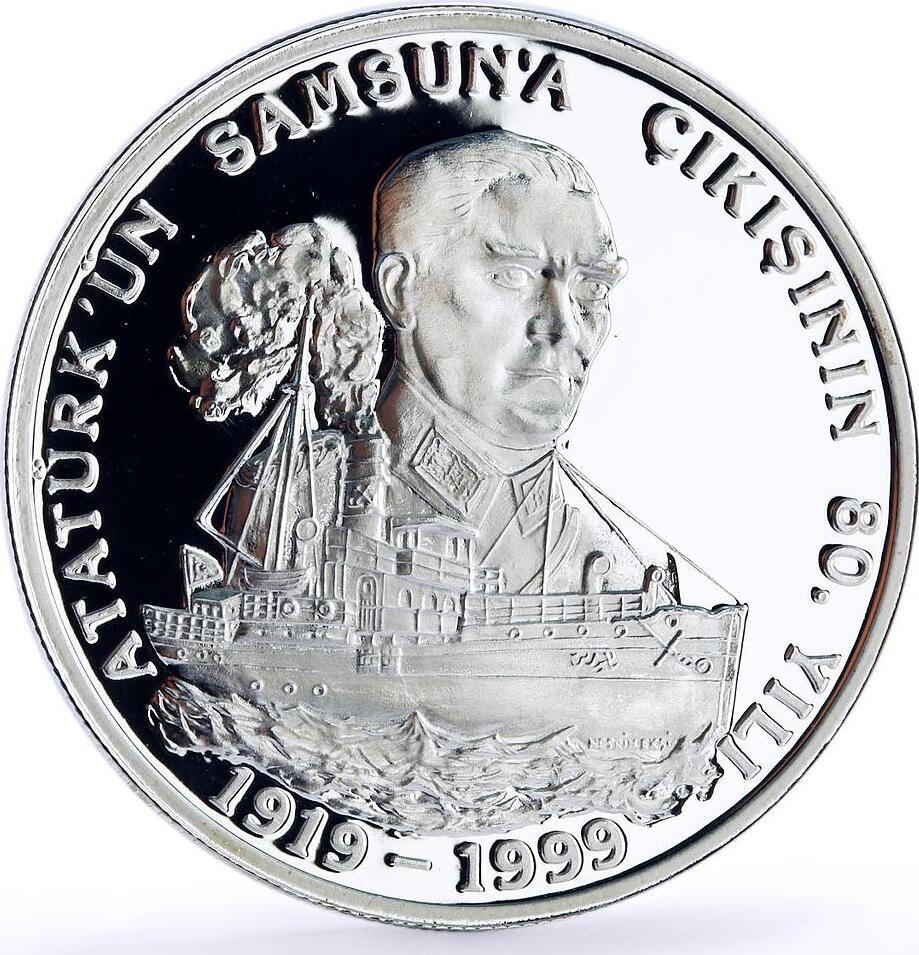 Turkey 4000000 lira Ataturk in Samsun Ship Steamship proof silver coin ...