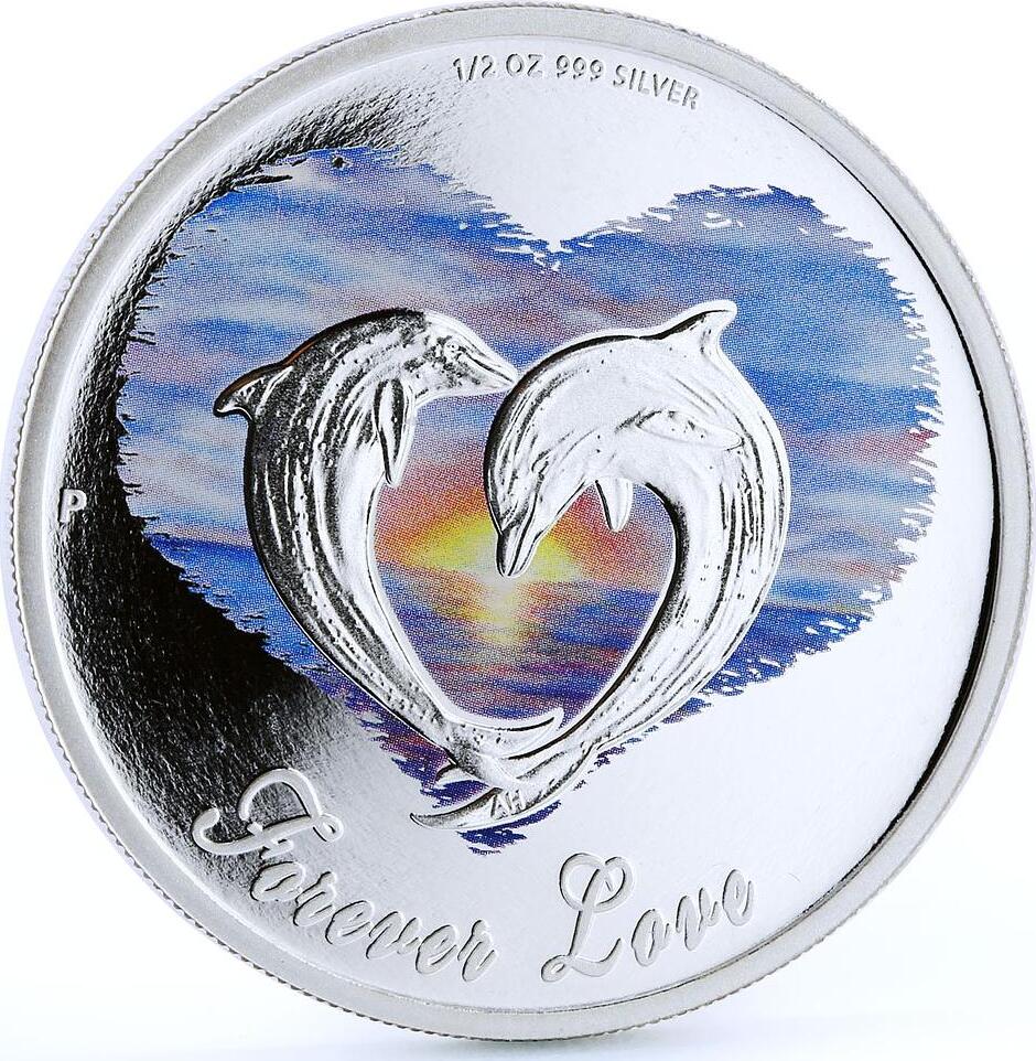 Tuvalu 50 cents Forever Love Clouds Heart Two Dolphins colored silver ...