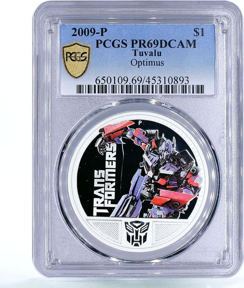 Tuvalu 1 dollar Transformers Robots Optimus Prime PR69 PCGS silver coin ...