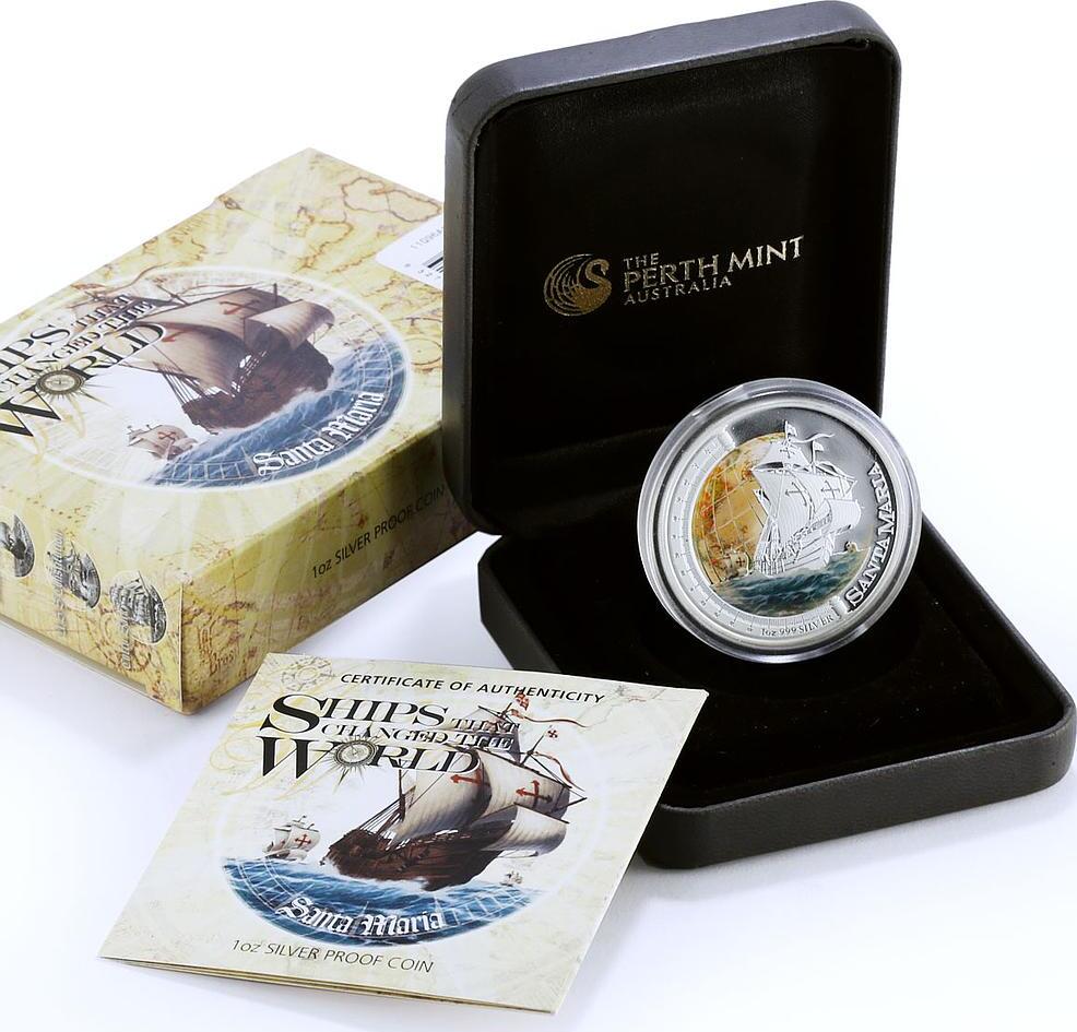 Tuvalu 1 dollar Santa Maria Ship Clipper Seafaring colored silver coin ...