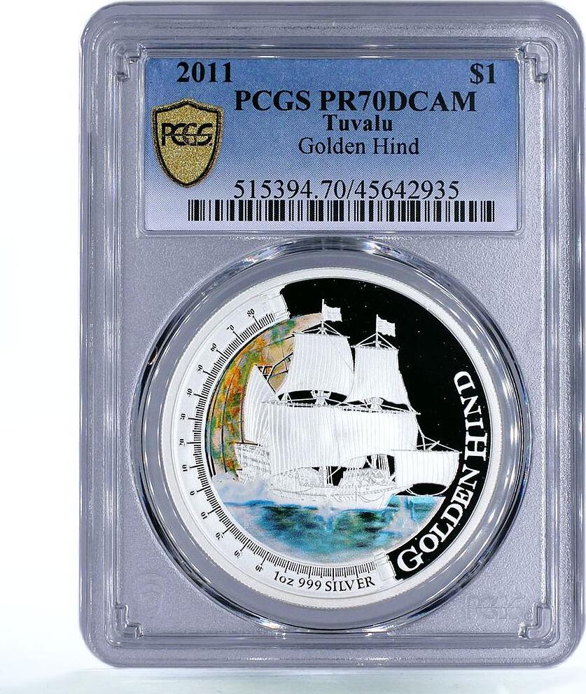 Tuvalu 1 dollar Golden Hind Ship Clipper PR70 PCGS colored silver coin 2011 Proof | MA-Shops