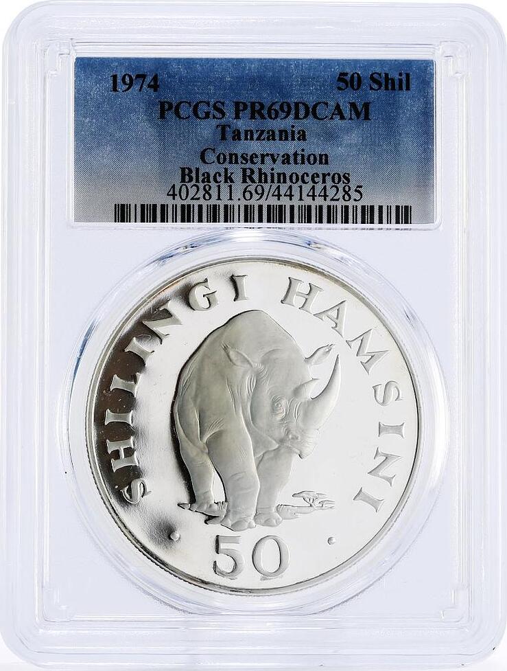 Tanzania 50 shillings Conservation Black Rhinoceros PR69 PCGS silver ...
