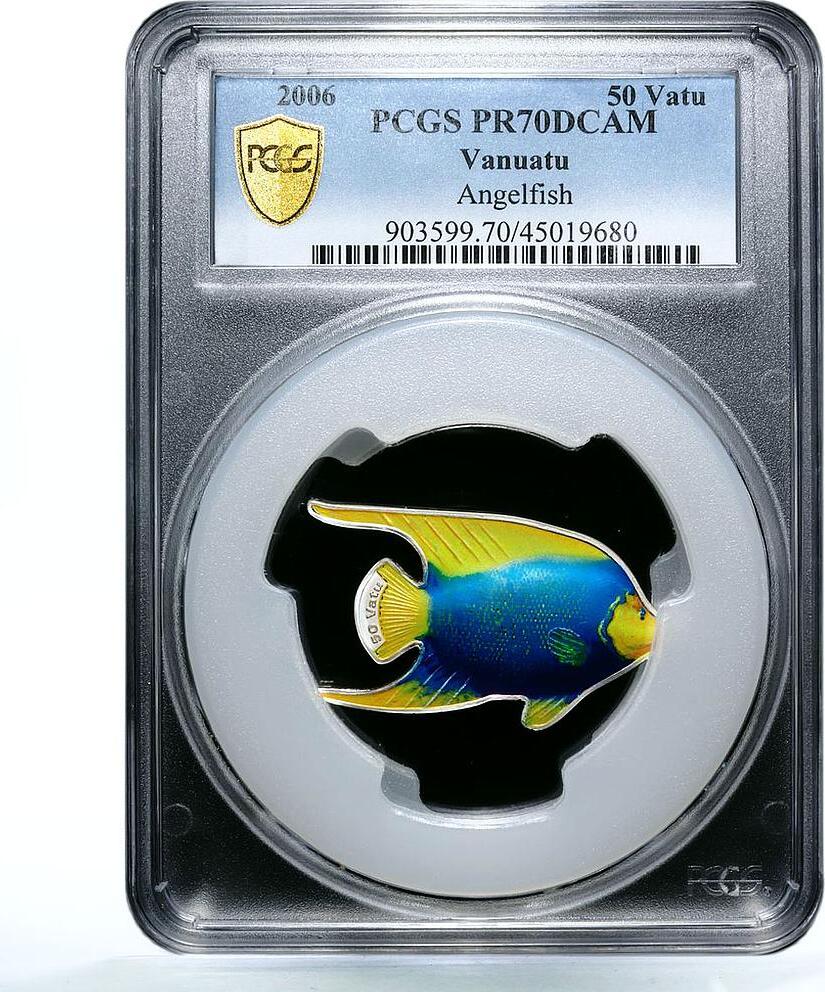 Vanuatu 50 vatu Tropical Fish Angelfish Fauna PR70 PCGS colored silver ...