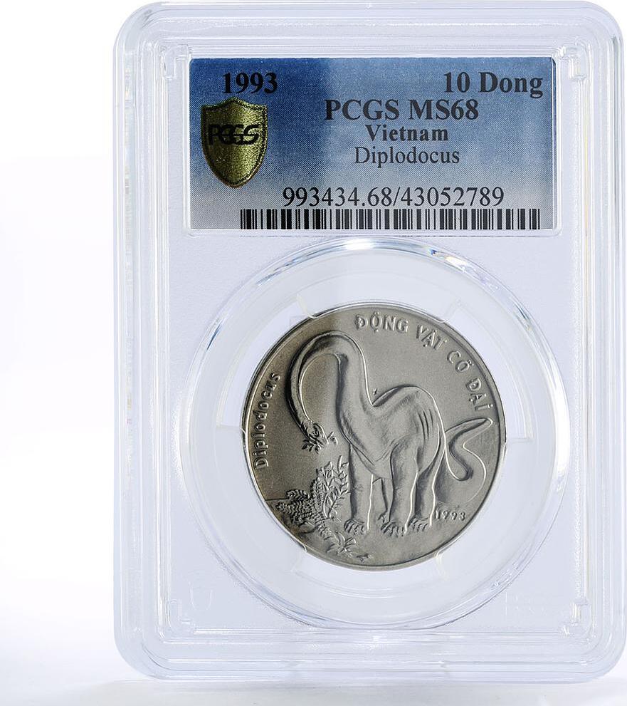 Vietnam 10 dong Dinosaur Diplodocus MS68 PCGS CuNi coin 1993 UNC | MA-Shops