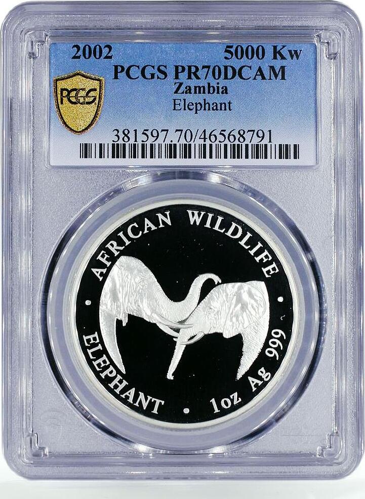 Zambia 5000 kwacha African Wildlife Elephants Fauna PR70 PCGS silver ...