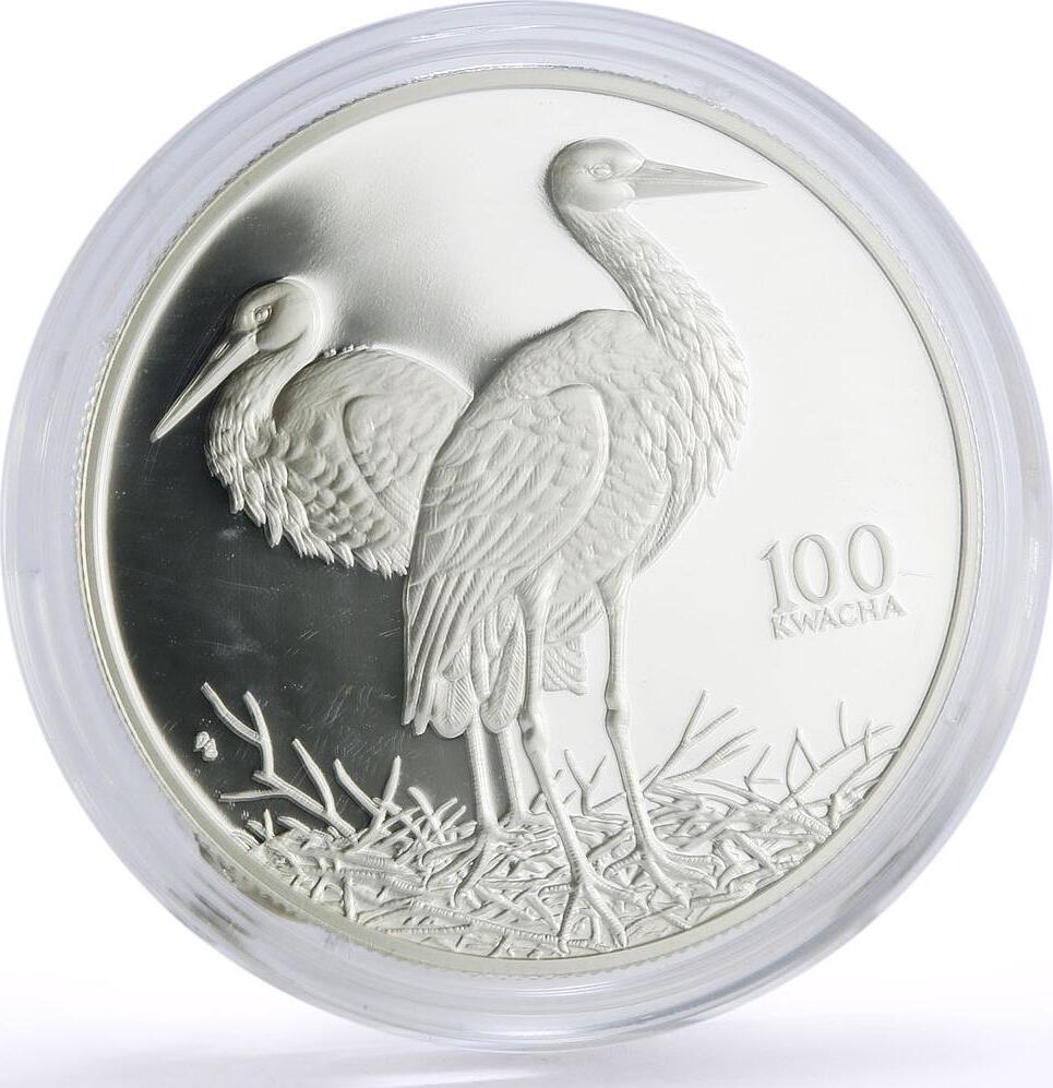 Zambia 100 kwacha Conservation Wildlife Stork Bird Fauna proof silver ...