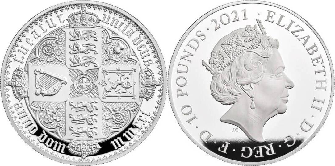 10£ Great Britain 2021 £10 Gothic Crown Quartered Arms 5 oz Silver ...