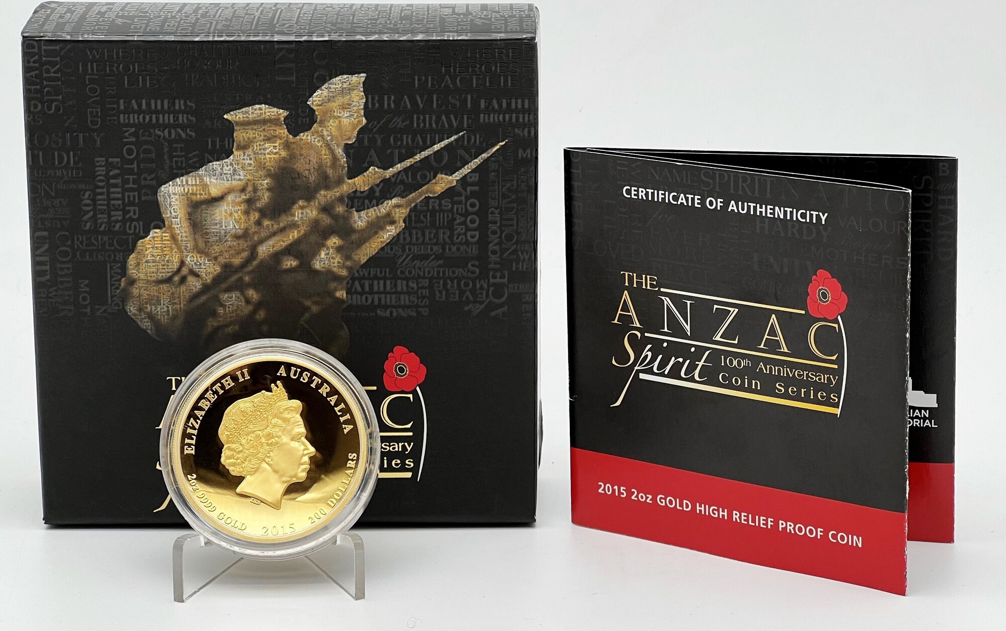 Australia 200$ 2015 WAR ANZAC Spirit Baptism of Fire 2 oz Gold Proof ...