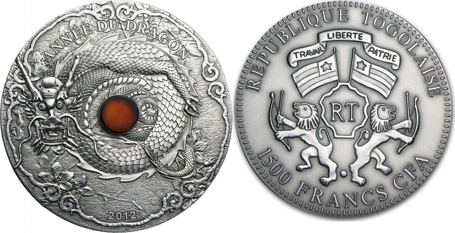 Togo 2012 1500 Francs Year of the Dragon Amber Lunar “1” 2 Oz Silver ...
