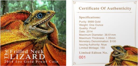 Niue Island 2014 – 100$ Frilled Neck Lizard – 1oz Gold Proof | MA-Shops