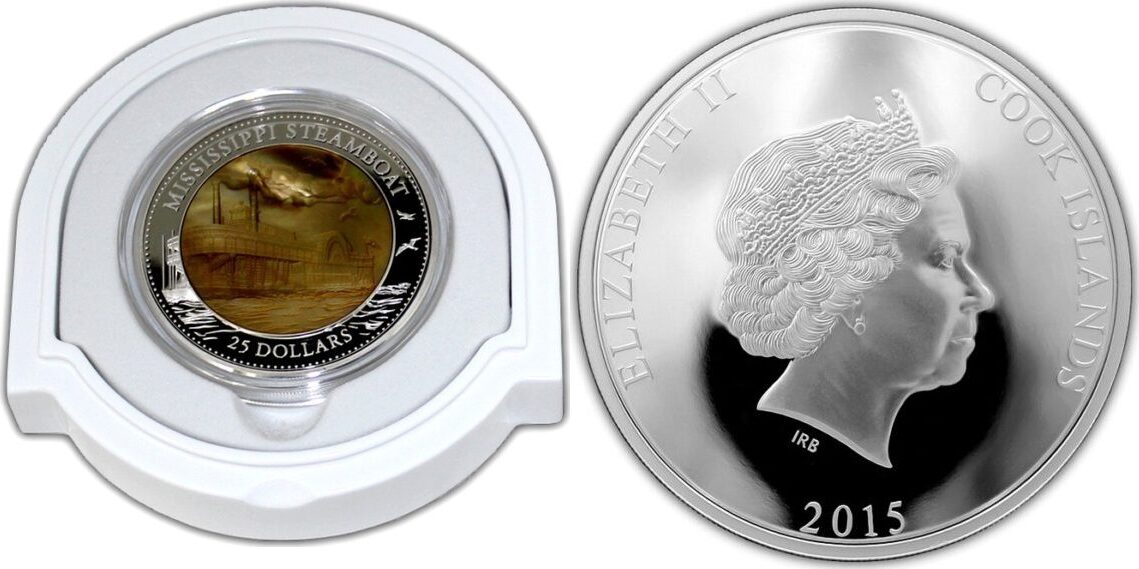 Cook Islands 2015–25$ Mississippi Steamboat Mother of Pearl–5 oz Silver ...