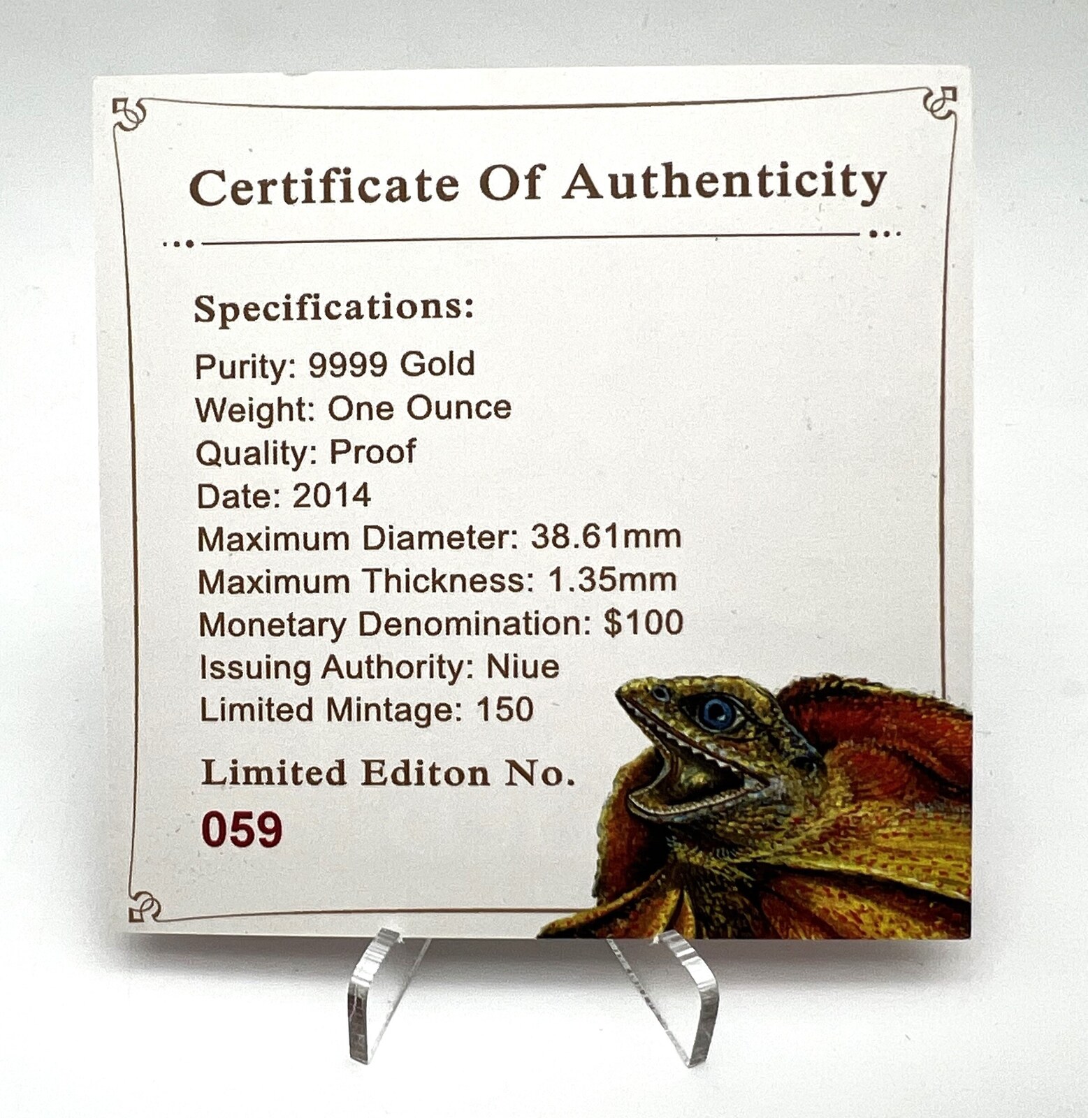 Niue 100$ 2014 Remarkable Reptiles FRILLED NECK LIZARD 1oz Gold Coin ...