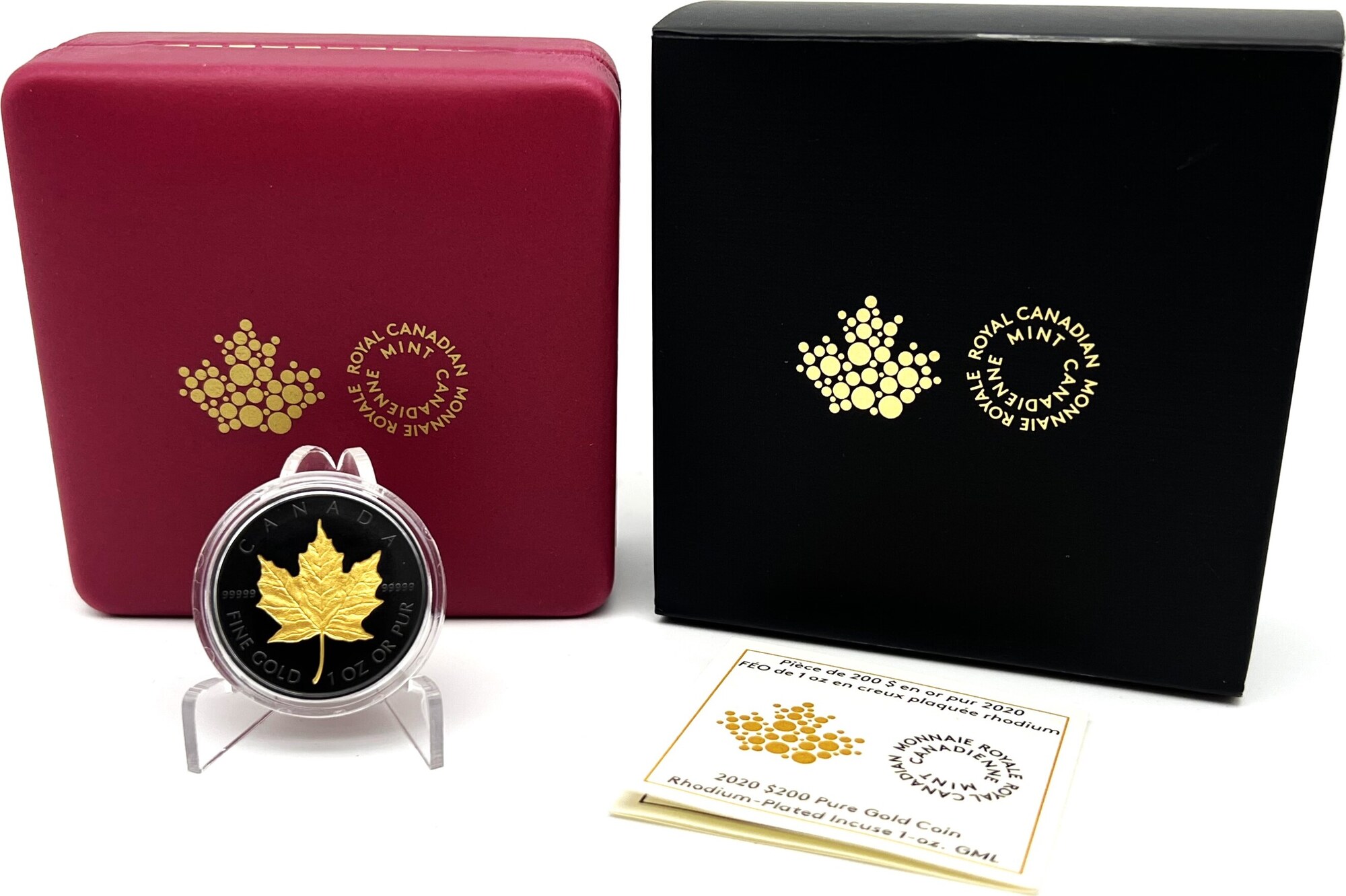 Canada 200$ 2020 Rhodium Plated Incuse Gold Maple Leaf 1 oz Pure Gold ...