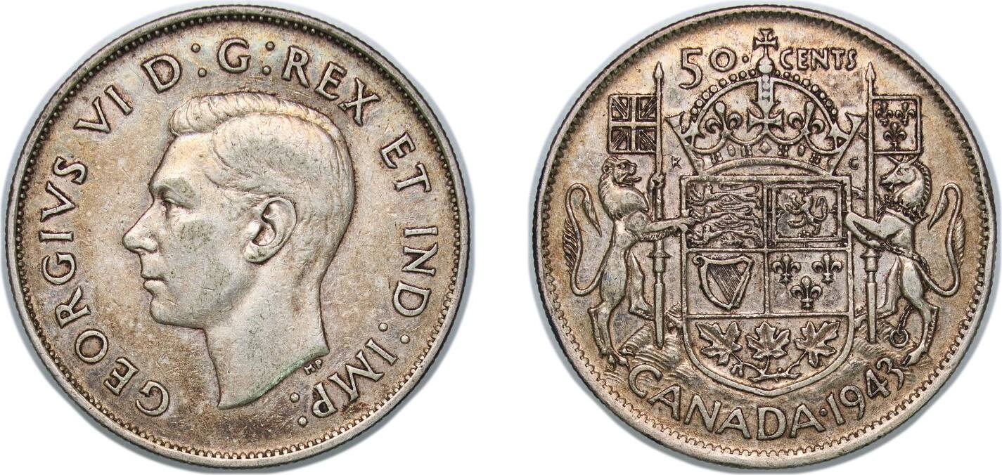 1943 Royal Canadian Mint Canada Commonwealth 1943 50 Cents - George VI ...