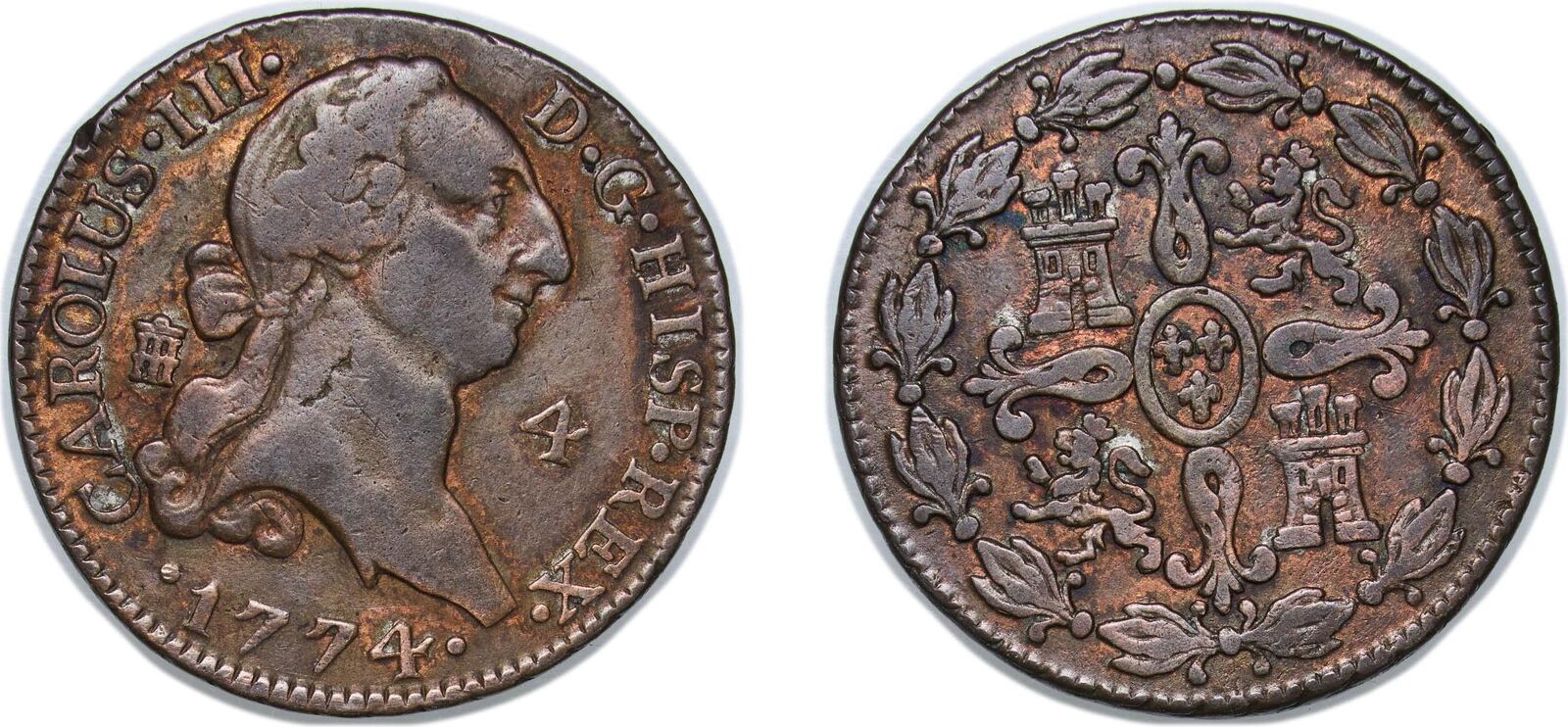 1774 Segovia Mint Spain Kingdom 1774 4 Maravedis - Charles III Copper ...