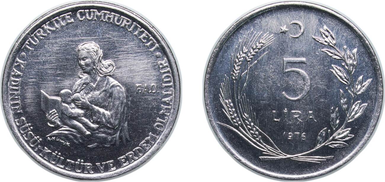 1976 Turkish State Mint Turkey Republic 1976 5 Lira (FAO) Stainless ...
