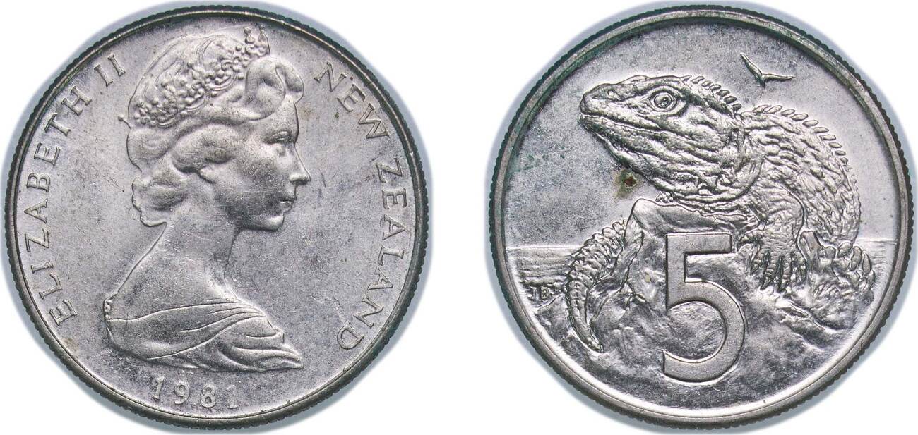 New Zealand 1981 5 Cents - Elizabeth II (2nd portrait) Copper-nickel 2.82g UNC KM 34.1 KM 34.2 ...