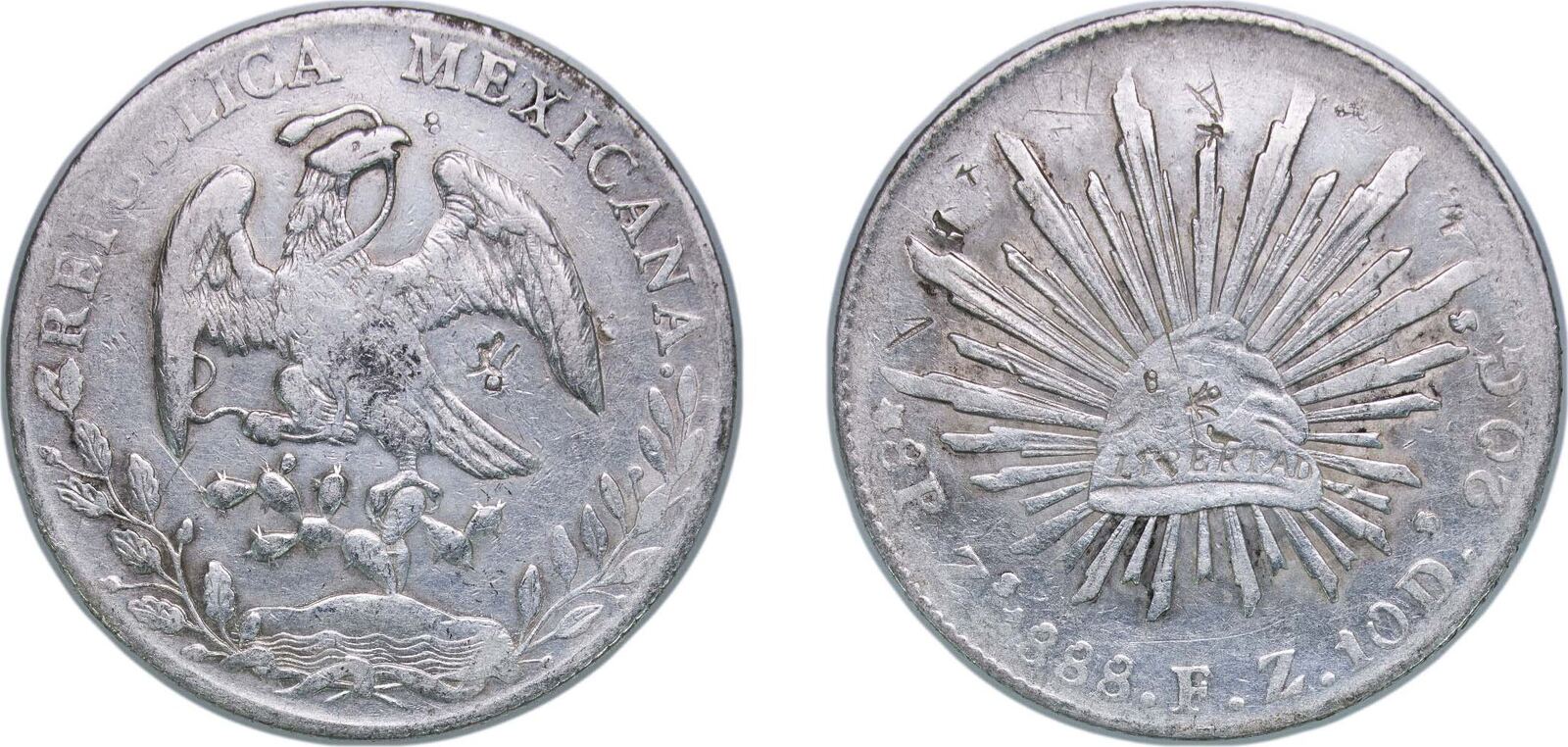 1888 Zs FZ Zacatecas Mint Mexico Federal Republic 1888 Zs FZ 8 Reales Silver (.903) Zacatecas ...