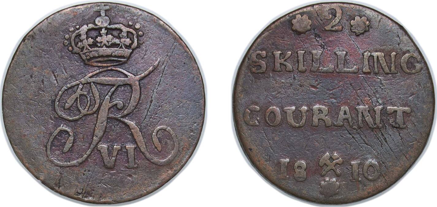 Norway 1810 2 Skilling Courant - Frederik VI Copper (3449000) 9.51g VF ...