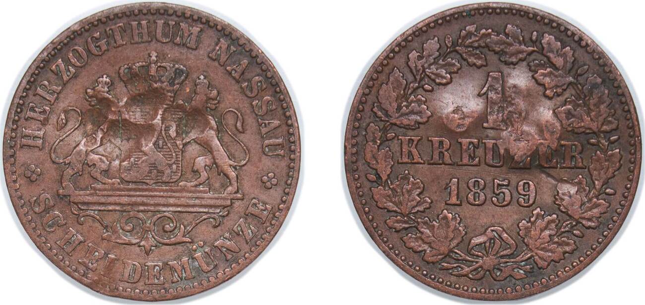 Germany Duchy of Nassau German states 1859 1 Kreuzer - Adolphe Copper ...