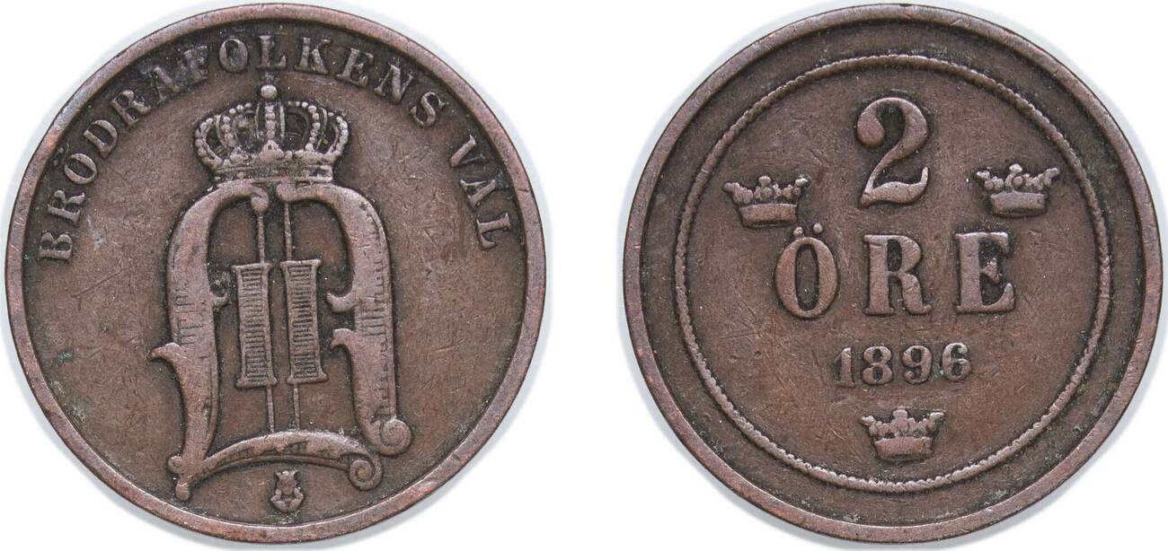 Sweden Kingdom 1896 2 Öre - Oscar II (large letters) Bronze (907916) 3.94g VF KM 746 Schön 2 ...