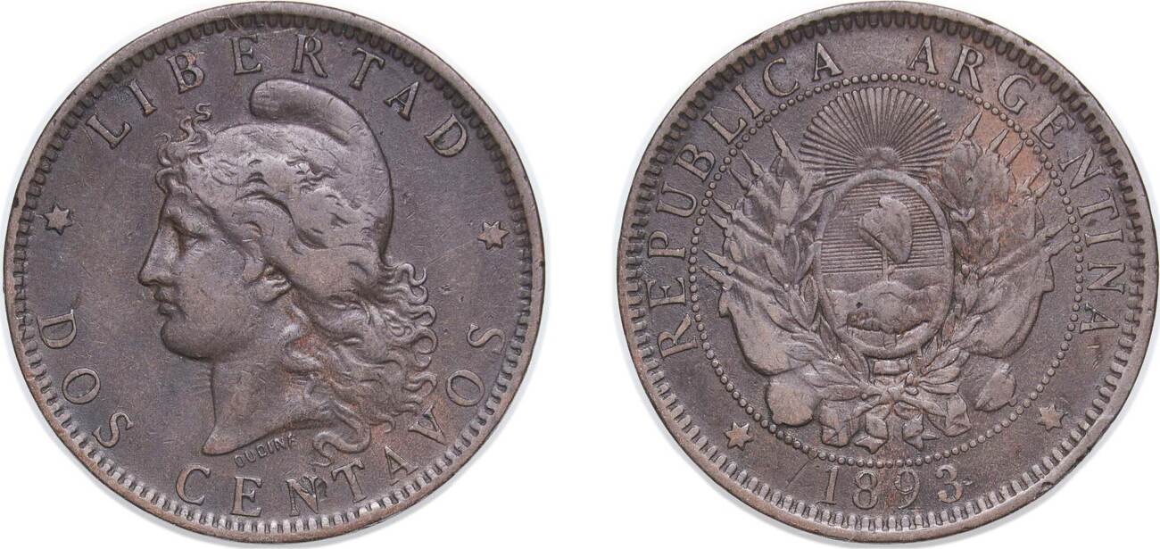 Argentina Federal Republic 1893 2 Centavos Bronze (5473000) 9.67g VF KM ...