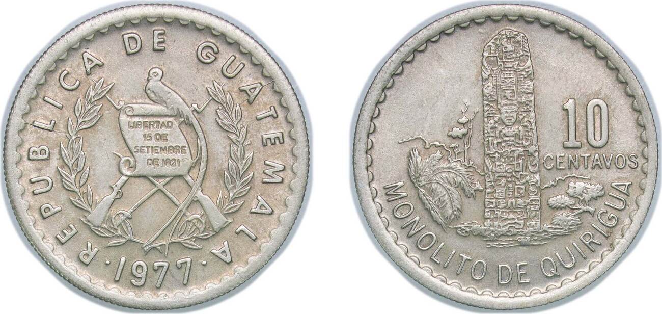 1977 Casa de Moneda de Gu Guatemala Republic 1977 10 Centavos Nickel brass (61% Copper, 20% Zinc ...