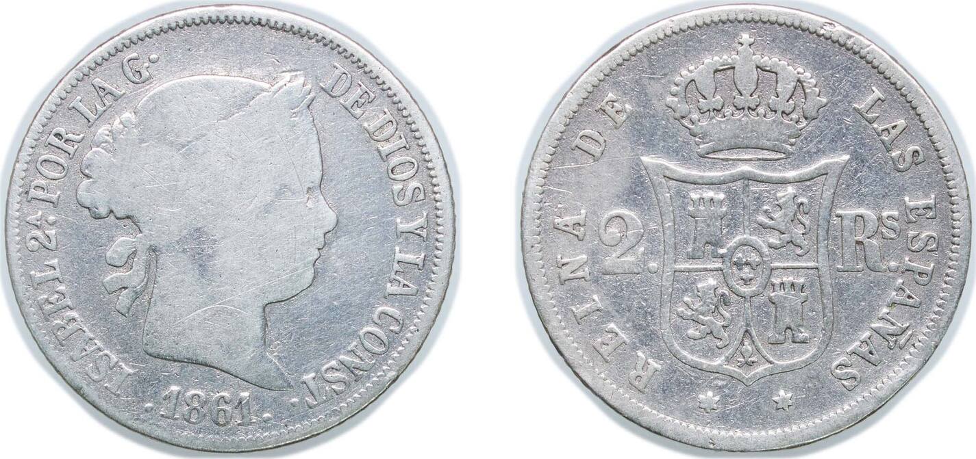 1861 Madrid Mint Spain Kingdom 1861 2 Reales - Isabel II Silver (.900 ...