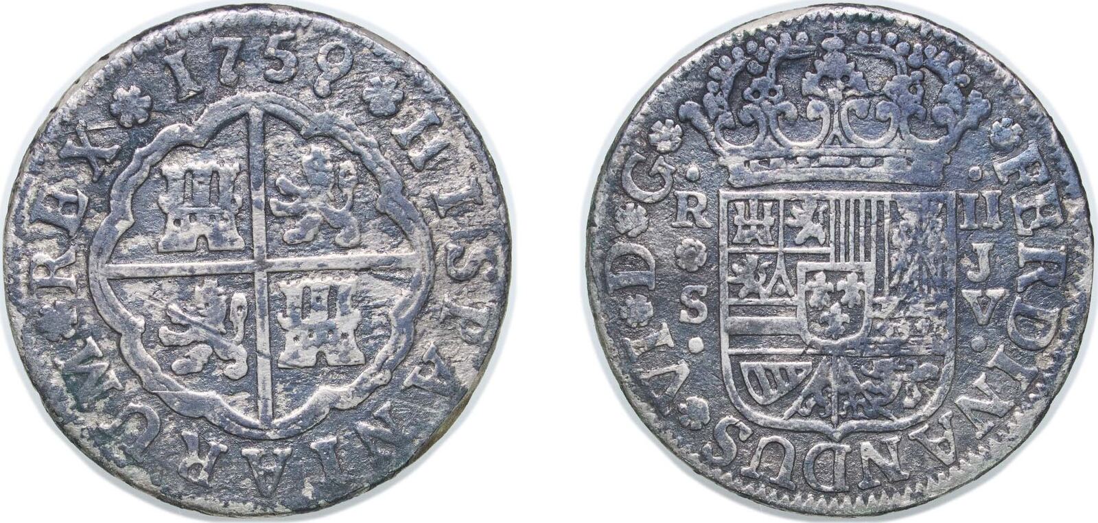 1759 S JV Seville Mint Spain Kingdom 1759 S JV 2 Reales - Fernando VI ...
