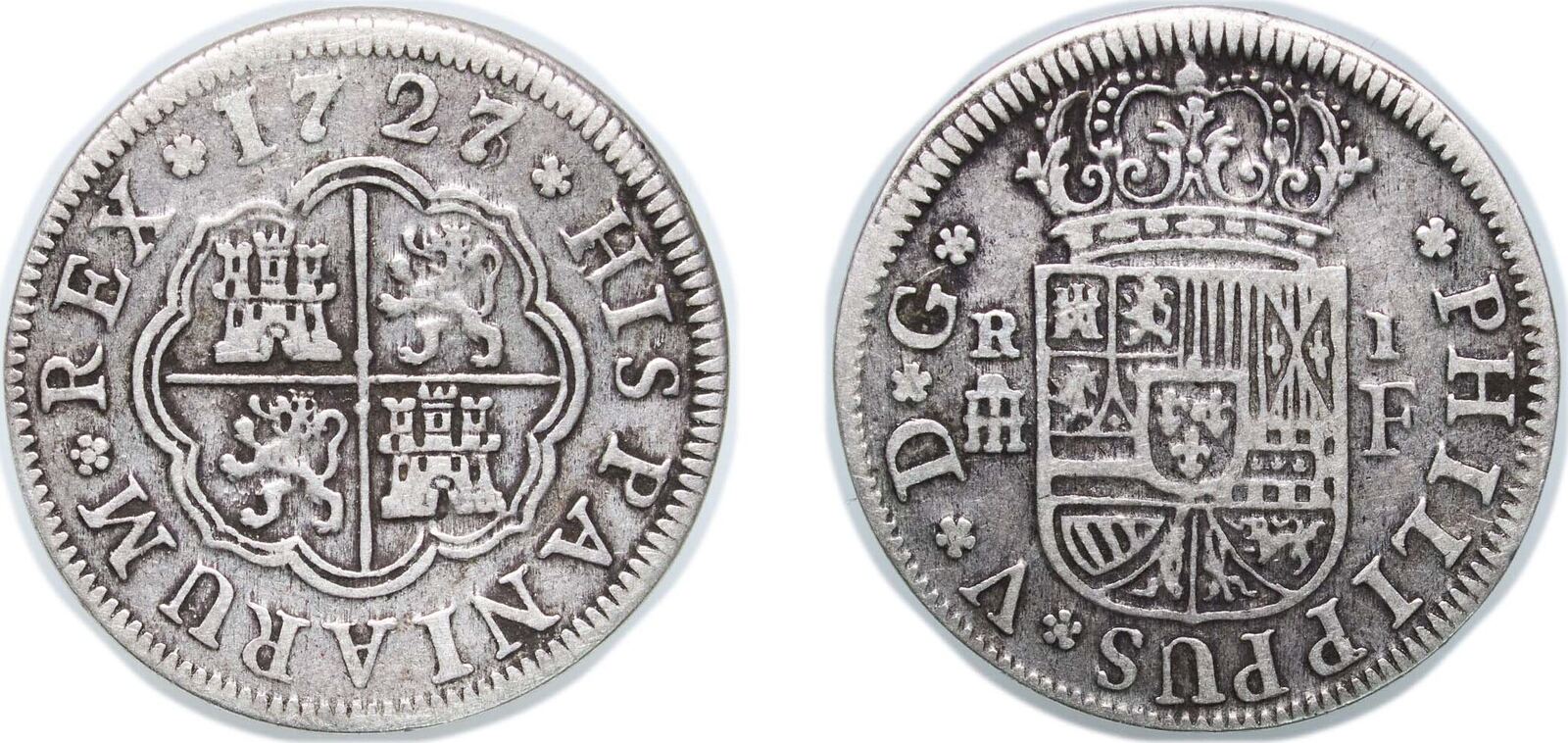 1727/6 F Segovia Mint Spain Kingdom 1727/6 F 1 Real - Felipe V (Segovia ...