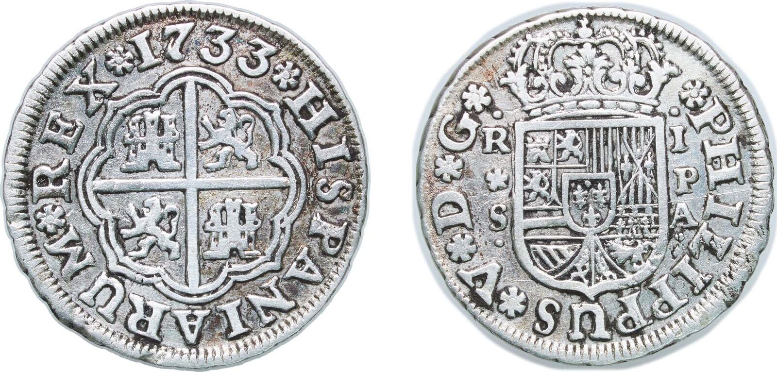 1733 S PA Seville Mint Spain Kingdom 1733 S PA 1 Real - Felipe V ...