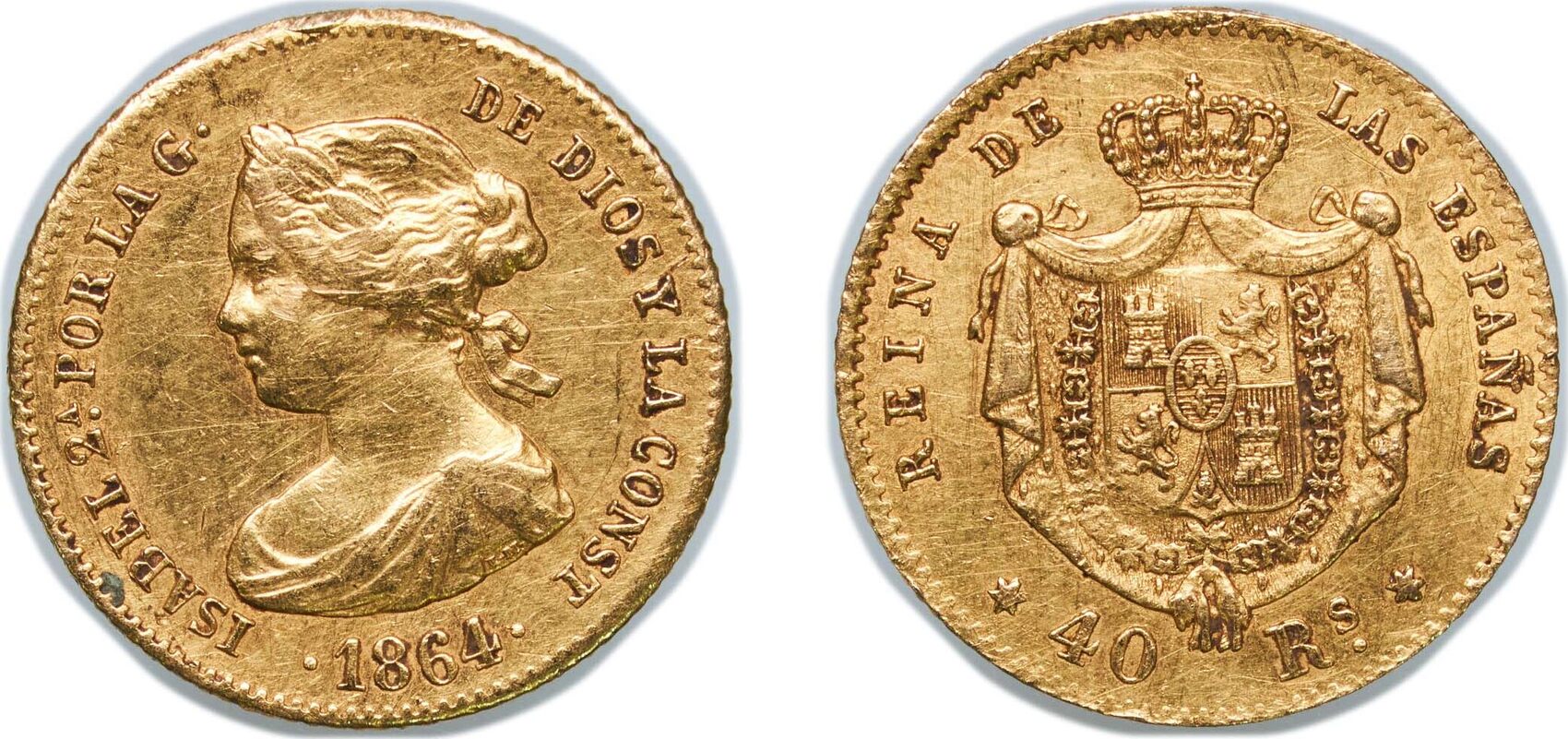 1864 Madrid Mint Spain Kingdom 1864 40 Reales - Isabel II Gold (.900 ...