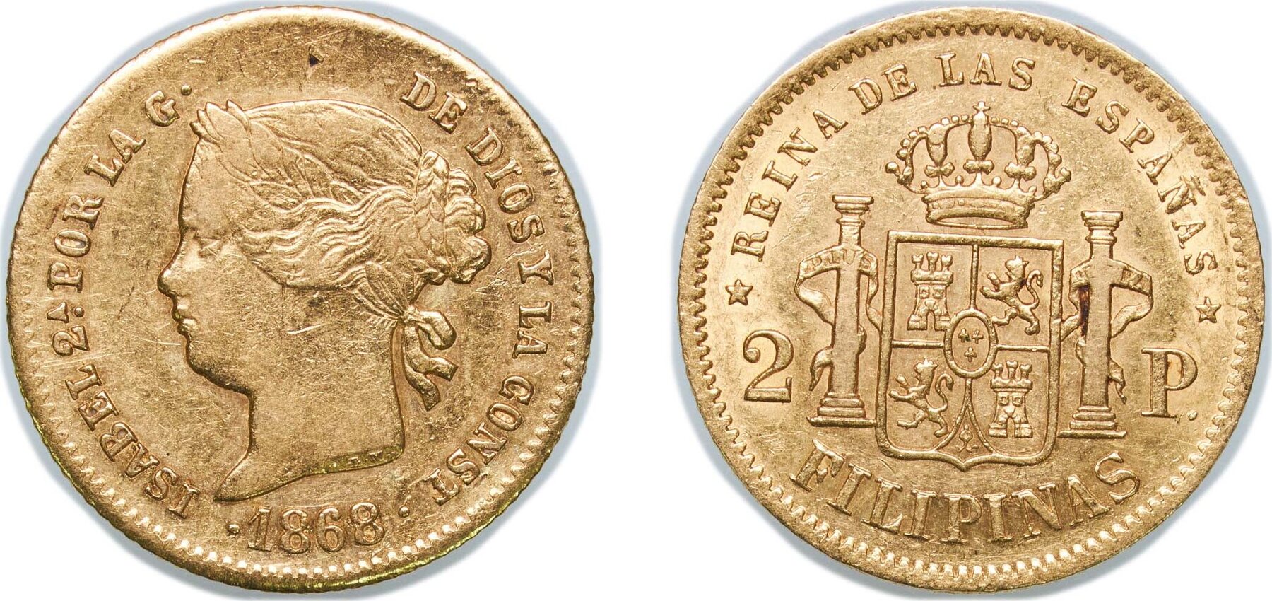 1868 Manila Mint Philippines Spanish colony 1868 2 Pesos - Isabella II ...