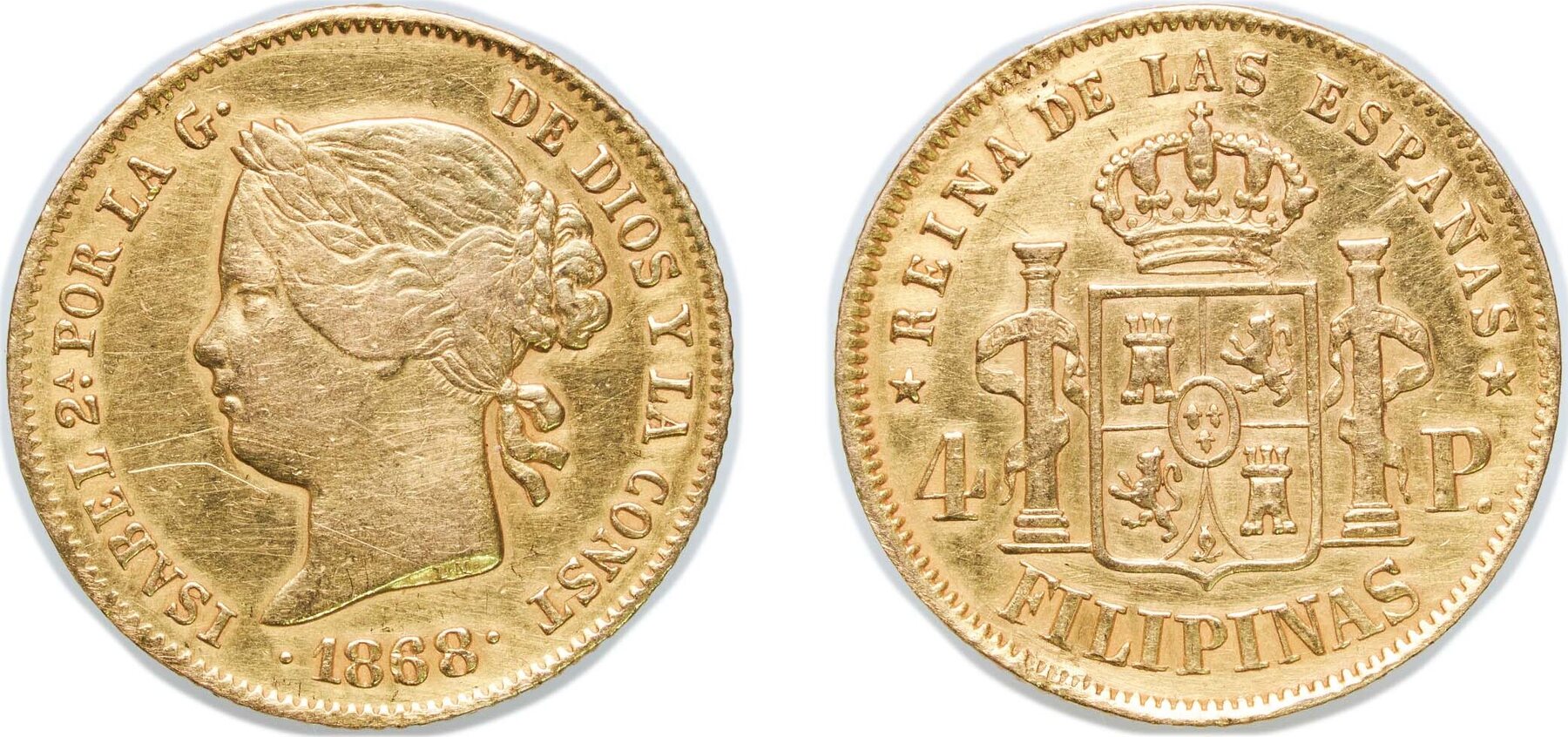 1868 Manila Mint Philippines Spanish colony 1868 4 Pesos - Isabella II ...