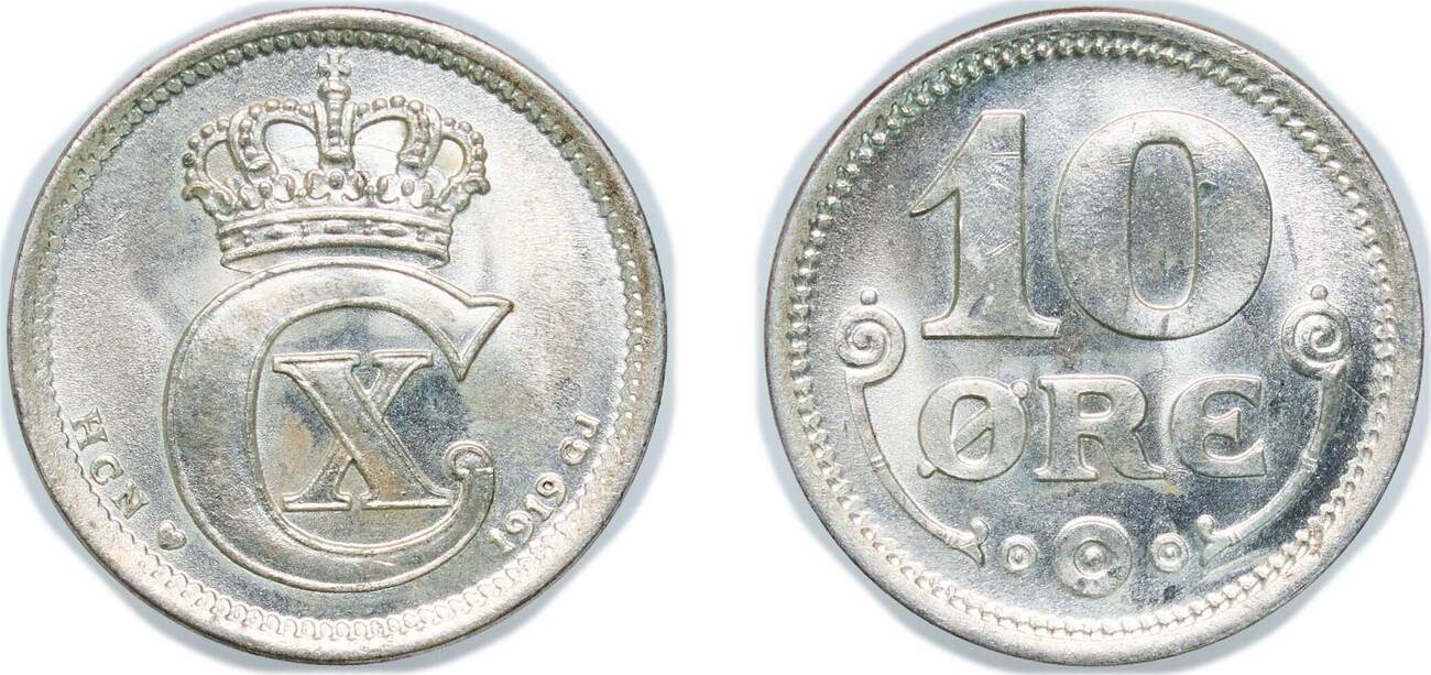 Denmark 1919 HCN♥;GJ 10 Øre - Christian X Billon (.400 silver ...