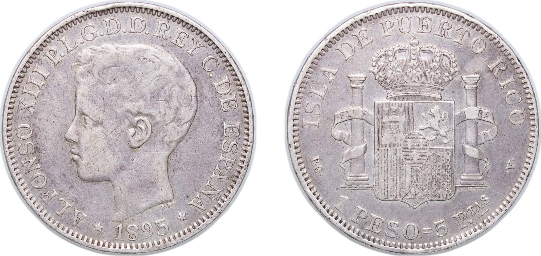 Puerto Rico Spanish colony 1895 PGV 1 Peso Silver (.900) (8500021) 24.77g VF KM 24 | MA-Shops