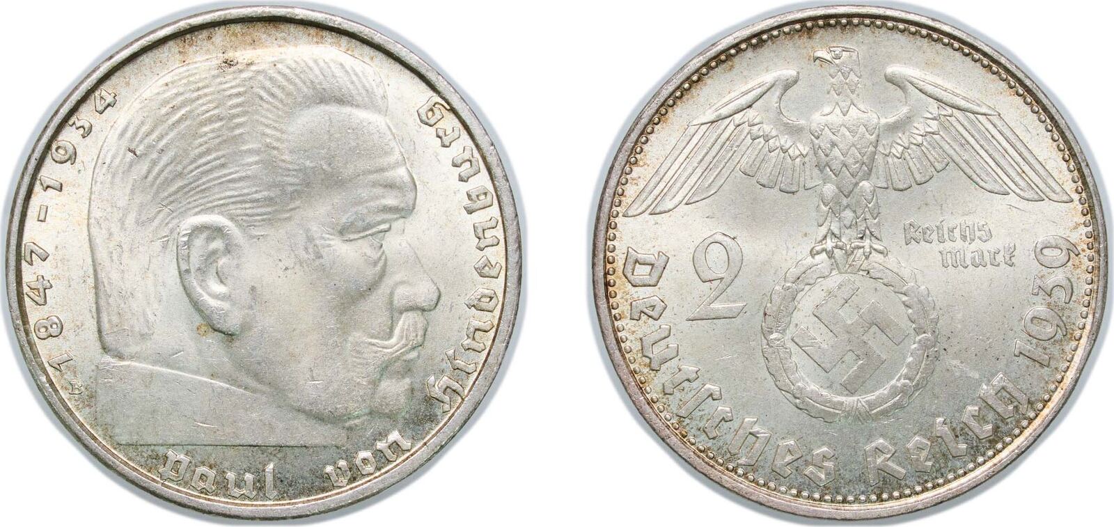 Germany - 1871-1948 Third Reich 1939 B 2 Reichsmark (Paul von Hindenburg) Silver (.625) (3521500 ...