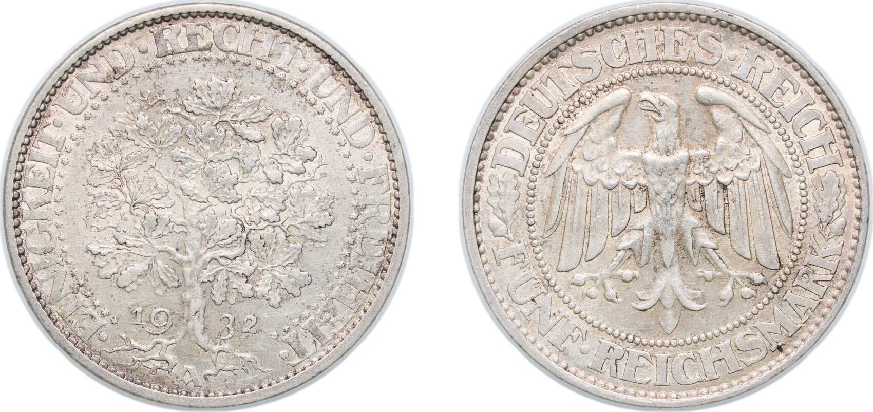 Germany - 1871-1948 Weimar Republic 1932 A 5 Reichsmark Silver (.500 ...