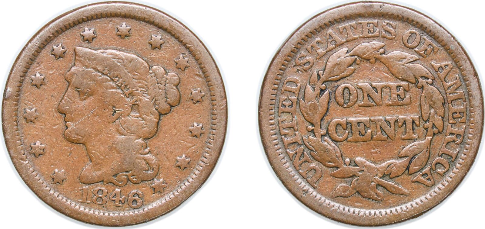 United States Federal republic 1846 1 Cent Liberty Head/Braided Hair ...