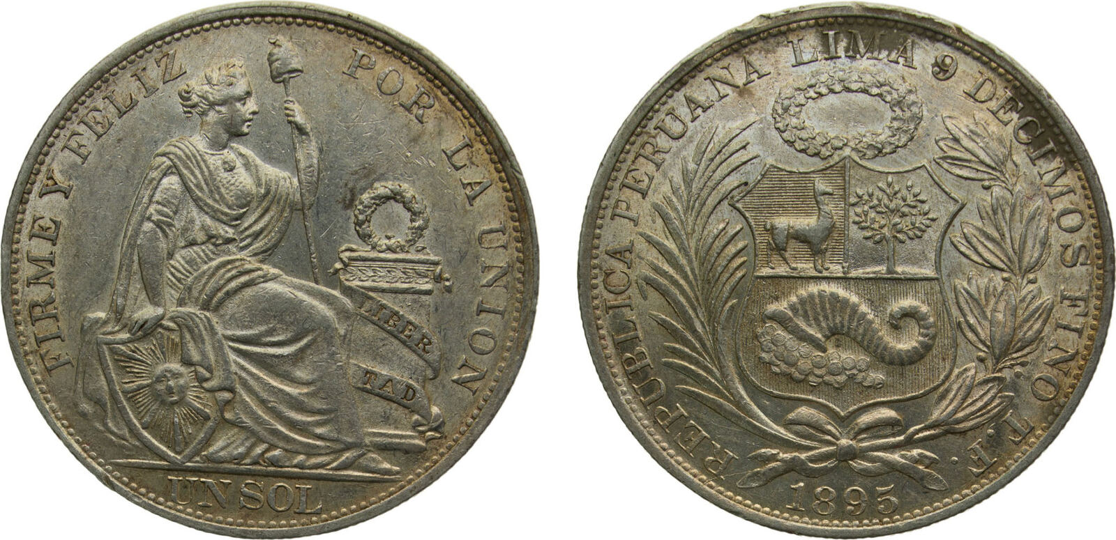 1895TF Lima Mint Peru Republic 1895TF 1 Sol Silver (.900) (Copper .100 ...